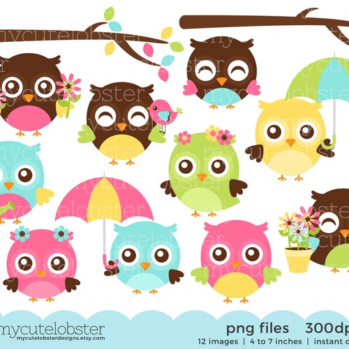 Spring Owls Clipart Set Cute Owls Umbrella Flowers - Etsy