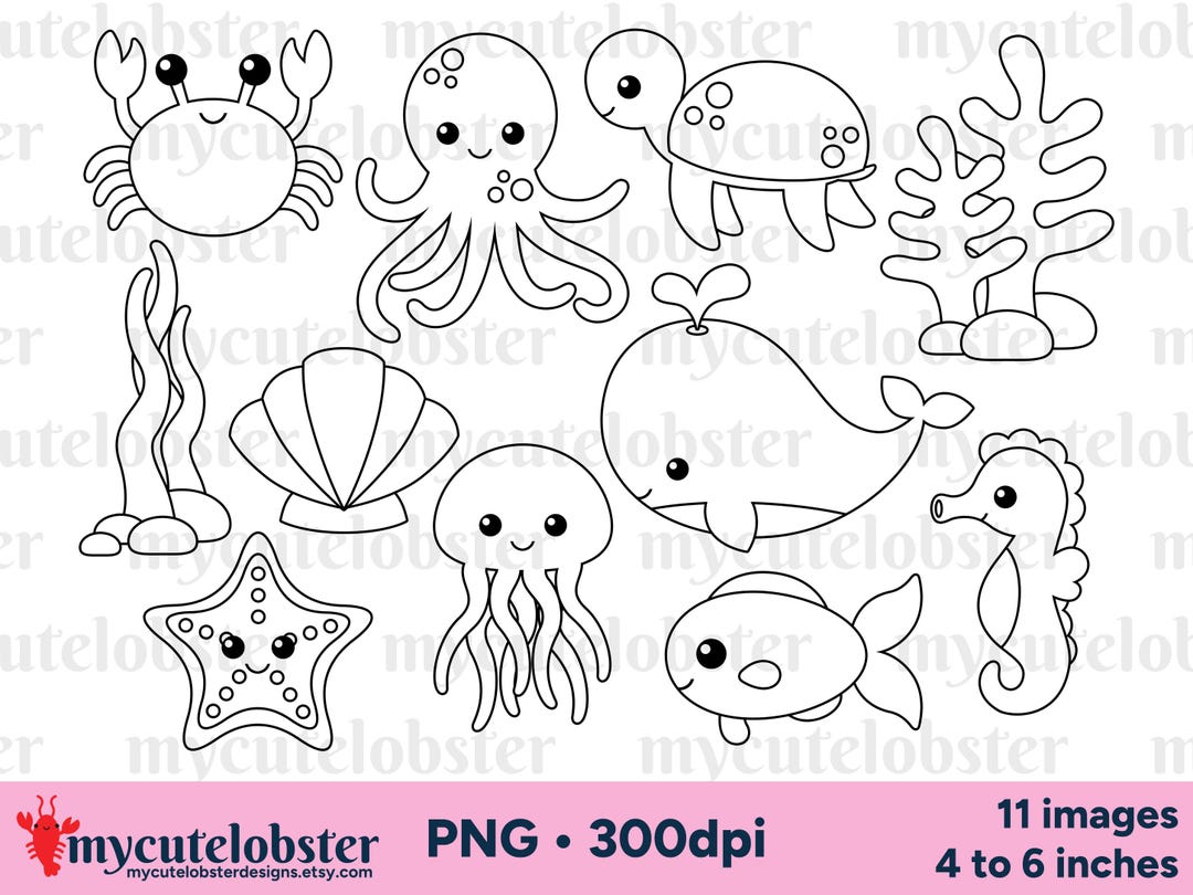 Sea Creatures Digital Stamps - Ocean Animals Clipart Outlines, PNG ...