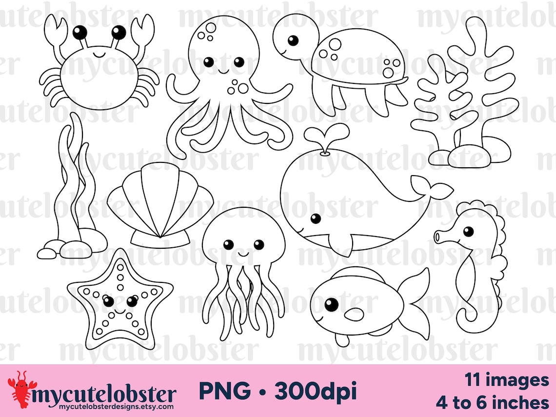 Sea Creatures Digital Stamps - Ocean Animals Clipart Outlines, PNG ...