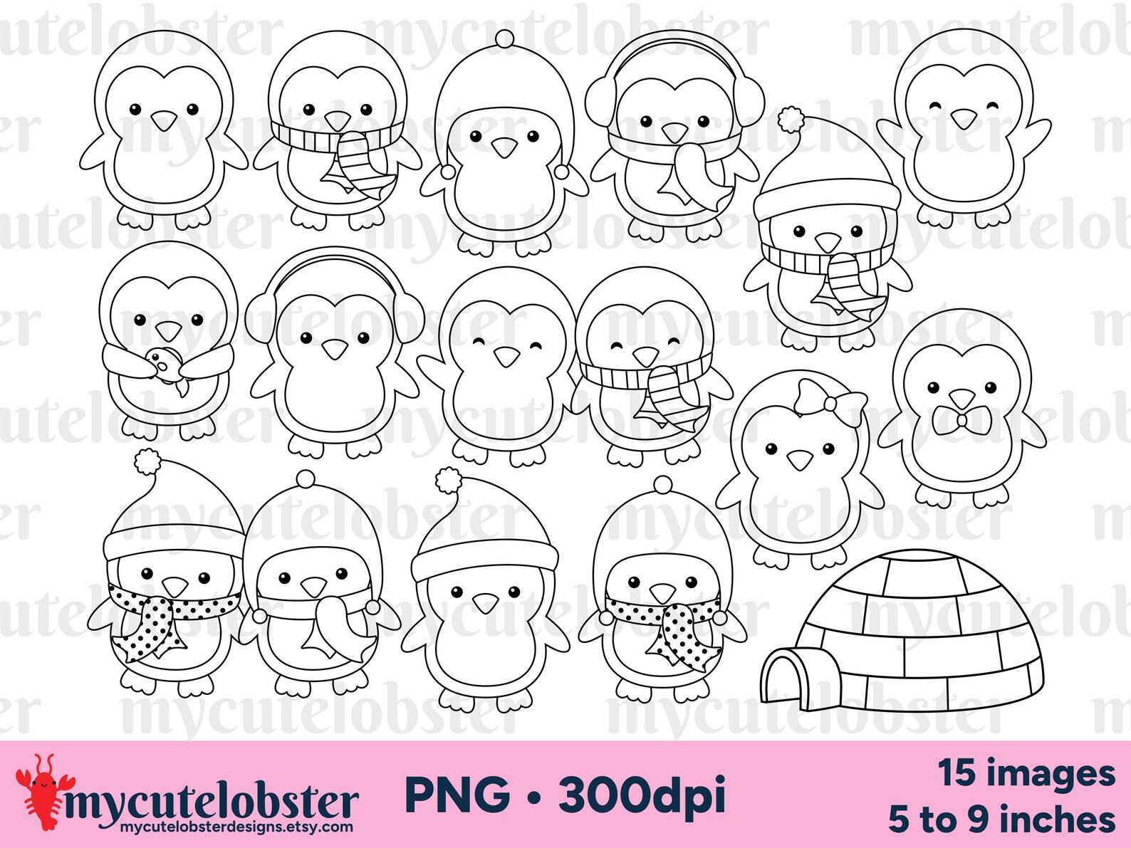 Penguins Digital Stamps - Clipart Set of Penguin, Igloo Lineart, PNG ...