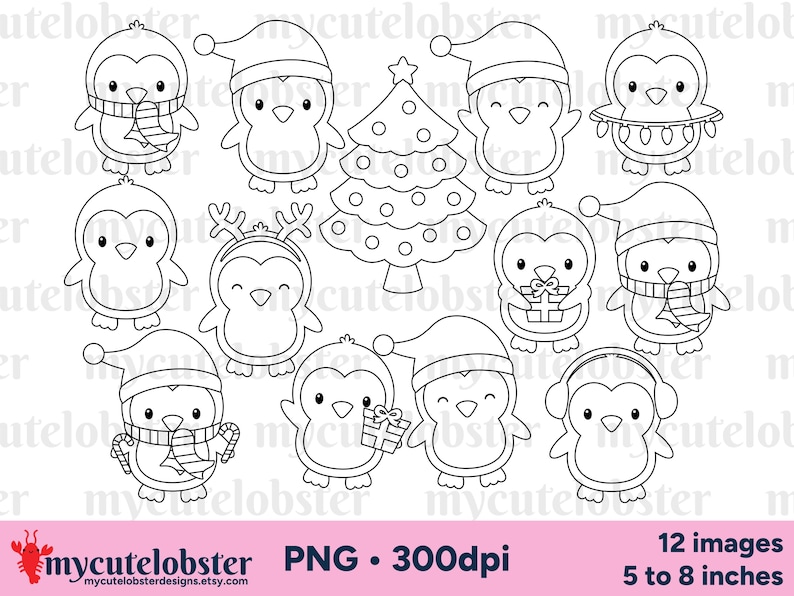 Christmas Penguins Digital Stamps - Penguins Line Art, Outlines, Cute ...
