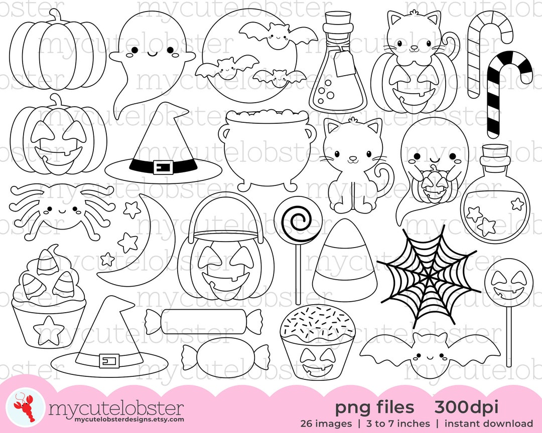 Halloween Digital Stamps Cute Halloween Line Art, Bats, Potions ...
