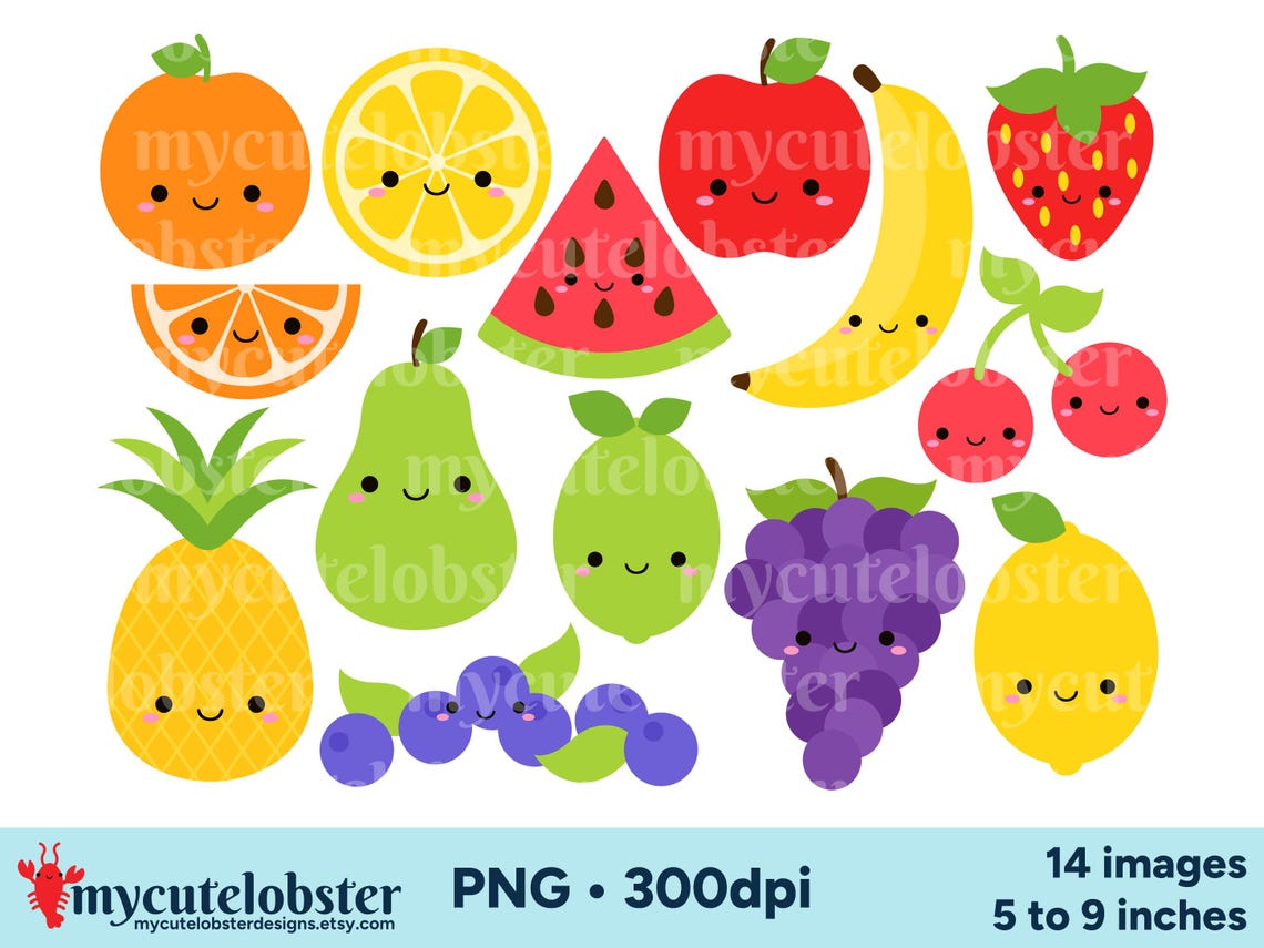 Fruit Clipart - Set of Happy Fruit Graphics, Food Clip Art, PNG Digital ...