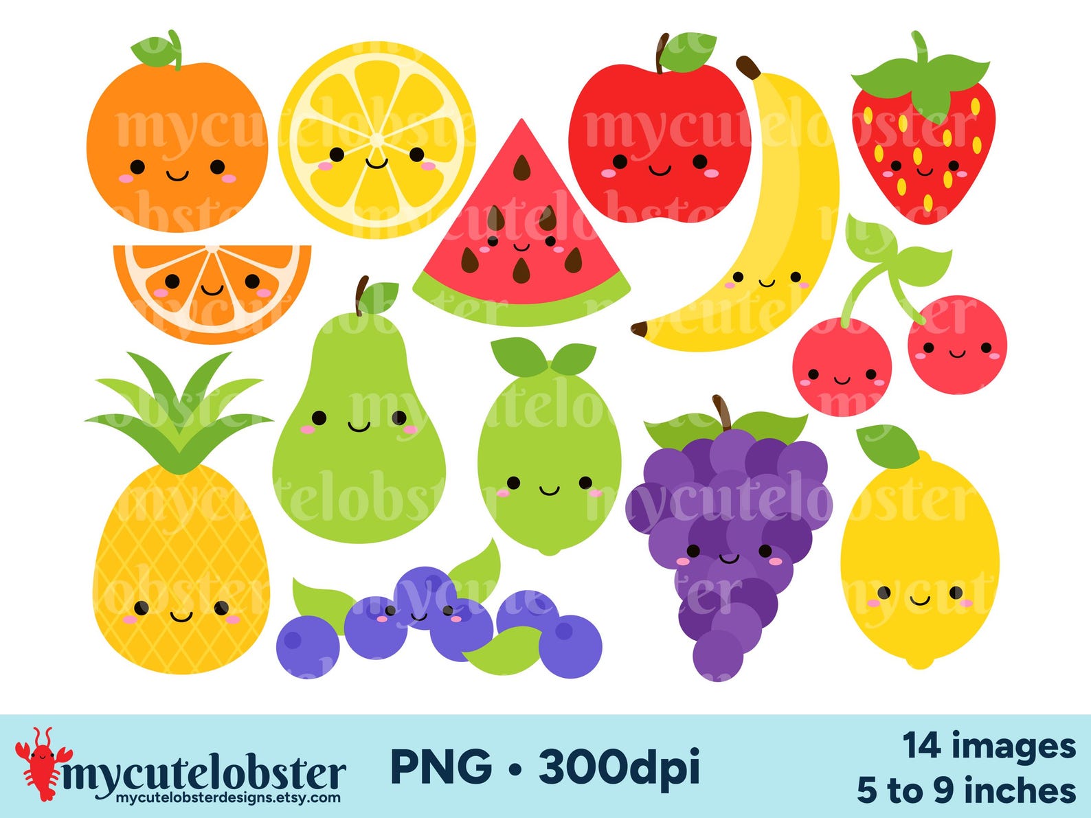 Fruit Clipart - Set of Happy Fruit Graphics, Food Clip Art, PNG Digital ...