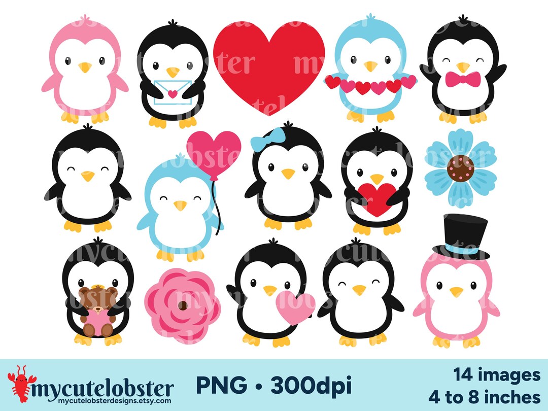 Valentine's Penguins Clipart - Set of Cute Penguins, Hearts, Valentine ...