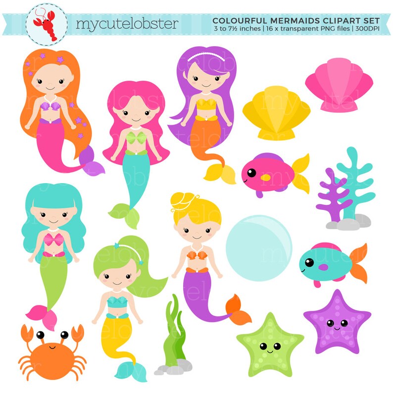 Colorful Mermaids Clipart Set Clip Art Set of Mermaids Sea - Etsy