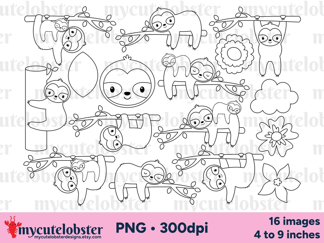 Sloths Digital Stamps - Cute Sloths Digital Stamp Set, Sleepy Sloths ...