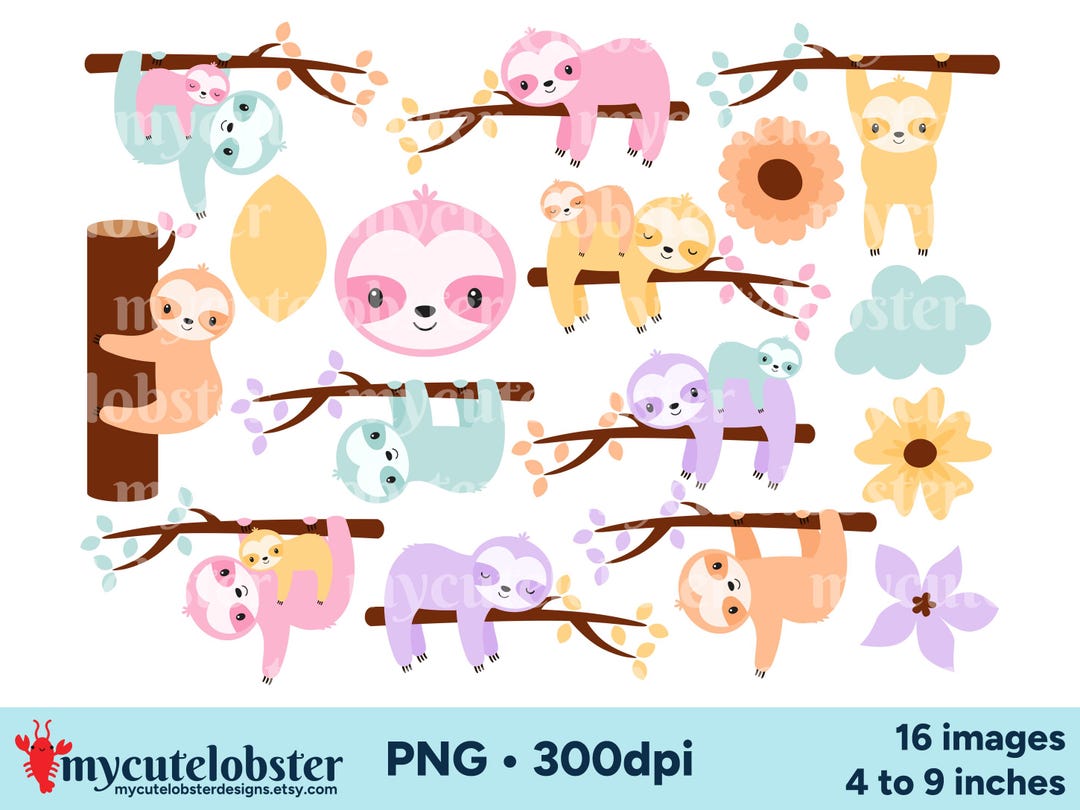 Sloth Clipart - Set of Pastel Sloths, Animal Clipart, Cute Sloth Clip ...