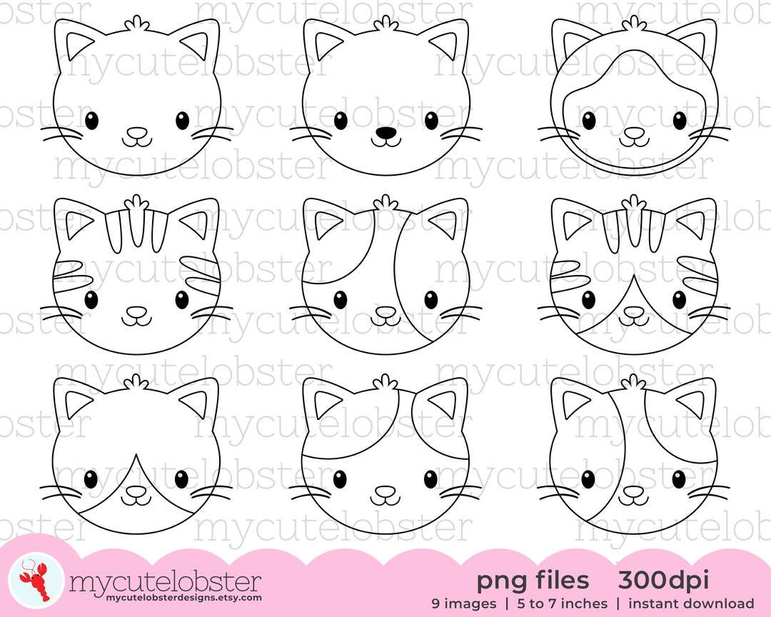 Cat Faces Digital Stamps Set of Cute Cat Outlines, Cat Faces Line Art ...