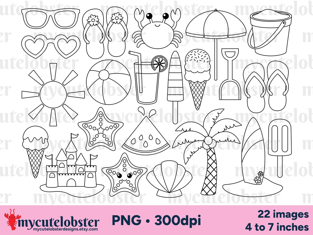 Beach Digital Stamps - Outlines, Line Art, Crab, Ice Cream, Beach Digi ...