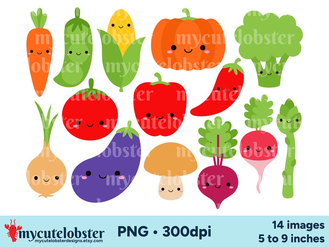 Cute Vegetables Clipart - Clip Art Set of Carrot, Peas, Broccoli, Happy ...