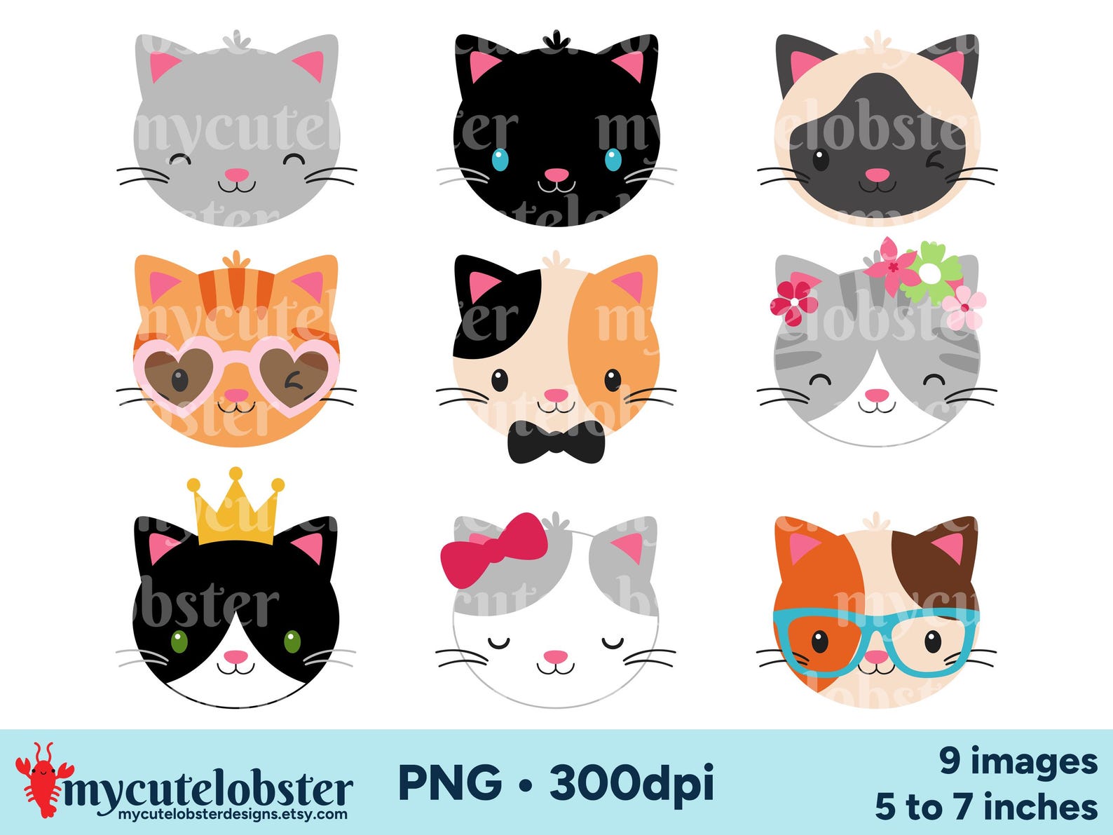 Cat Faces Clipart - Set of Happy Cats, Kitten Graphics, PNG Digital ...