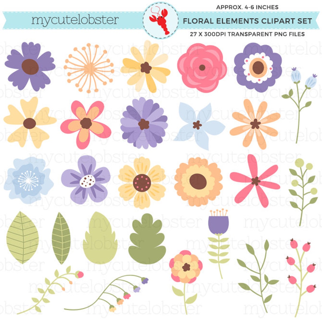 Purple & Pink Floral Clipart Set Flowers, Leaves, Buds, Flower Clip Art ...
