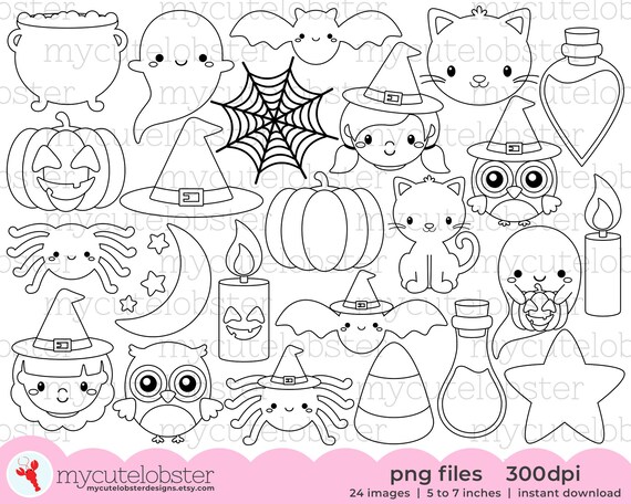 Happy Halloween Digital Stamps Halloween Outlines Line Art - Etsy