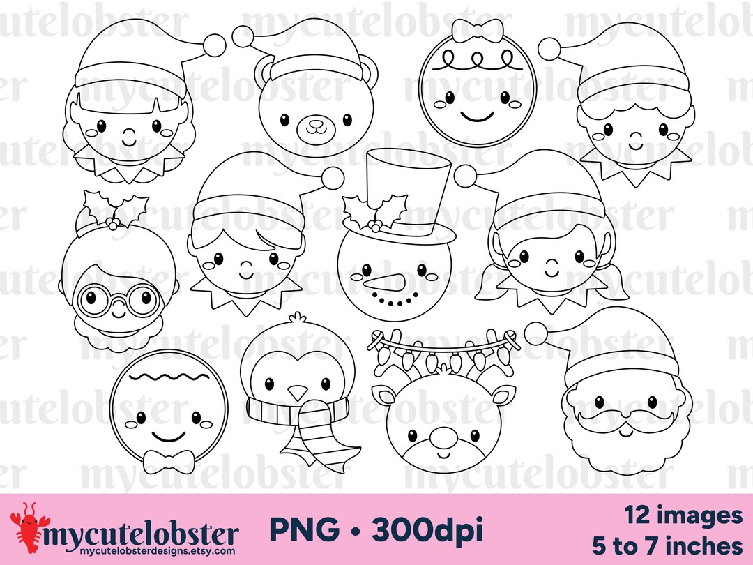 Christmas Faces Digital Stamps, Festive Clipart Set, PNG Outlines - Etsy