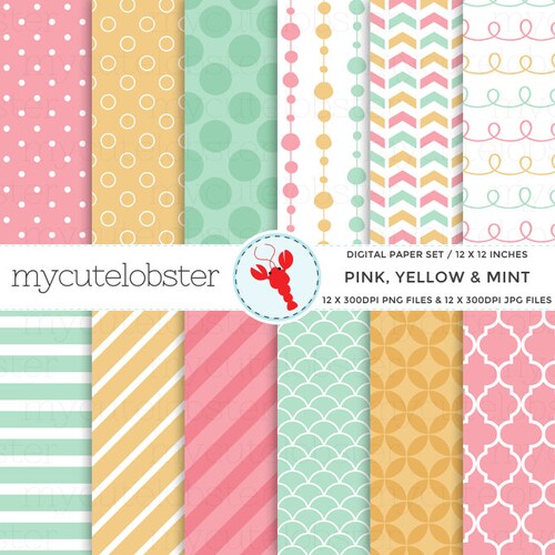 Pink Yellow Mint Digital Paper Patterned Paper Polka - Etsy