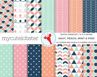 Pink & Navy Digital Paper Set Patterned Paper Polka | Etsy
