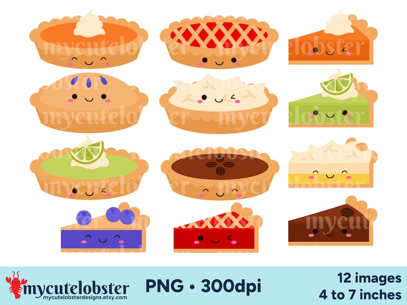 Pies Clipart - Set of Happy Pies, Food Clip Art, PNG Digital Download ...