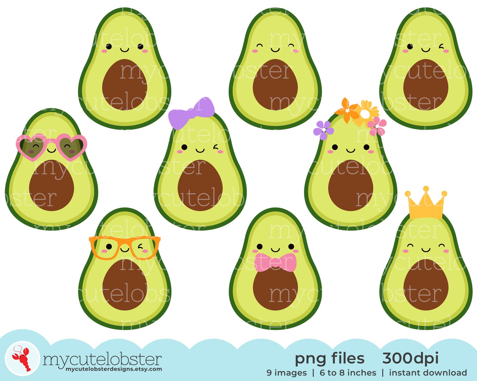 Cute Fun Avocados Clipart Happy Avocados Cute Avocado - Etsy