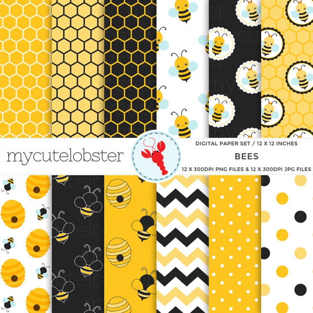 Bees Digital Paper Set Bee Patterned Paper Pack, Honeycomb, Chevron ...