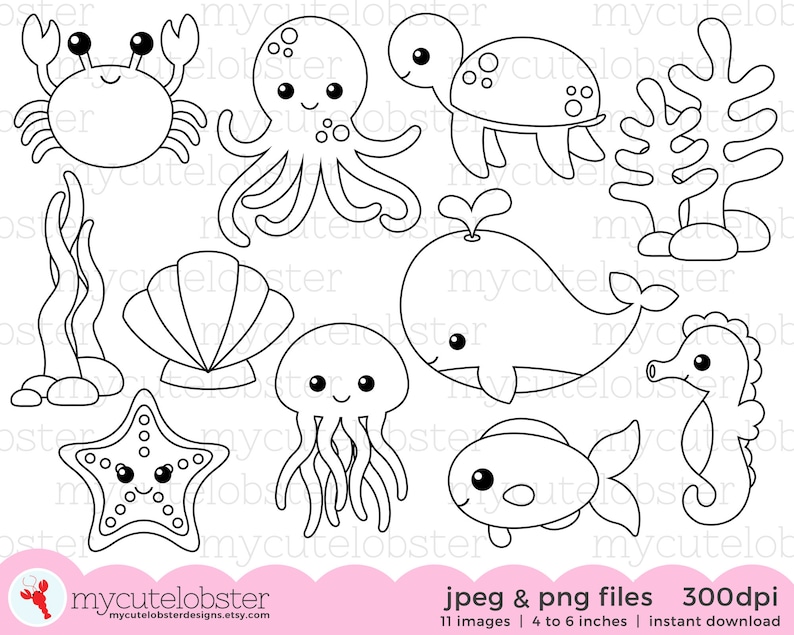 Sea Creatures Digital Stamps outlines line art crab | Etsy