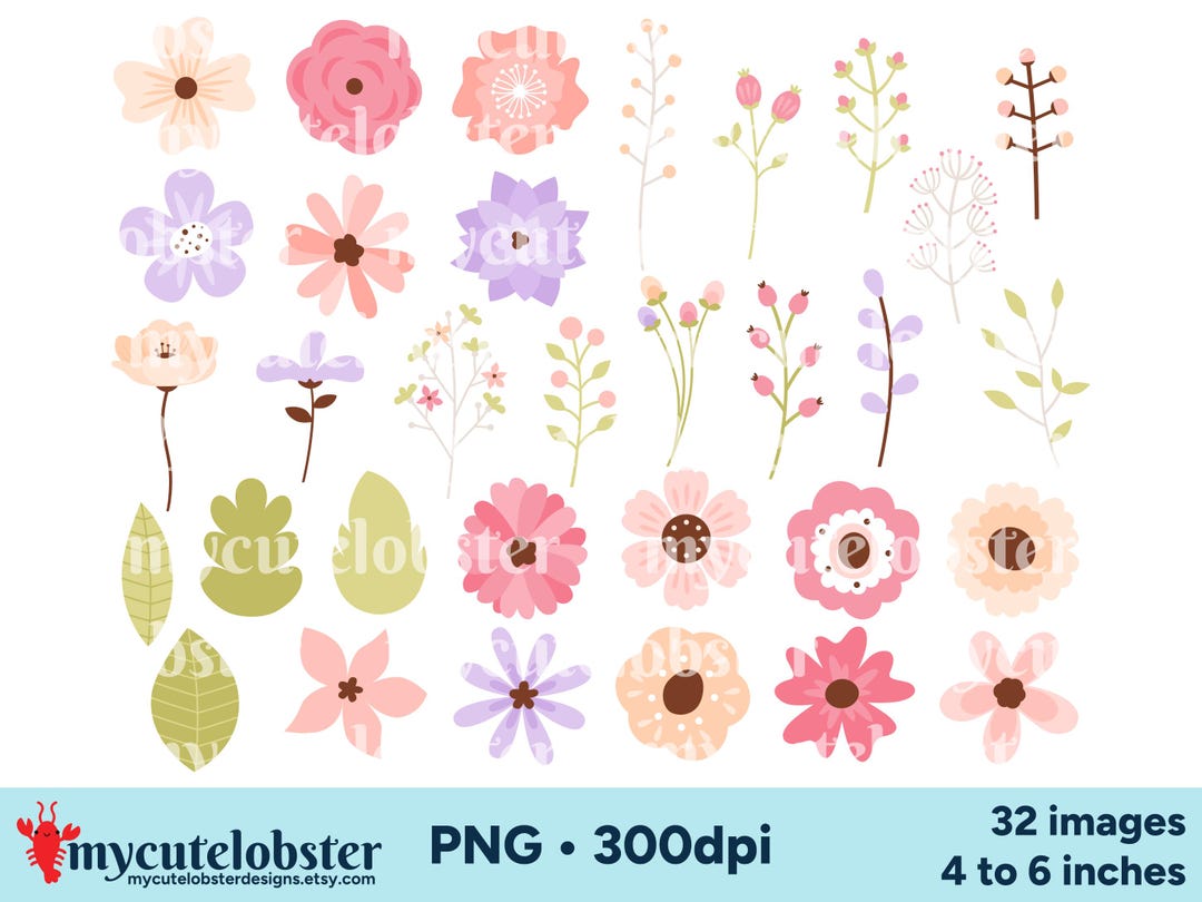 Pastel Floral Clipart, Pastel Flowers Clipart, Flowers PNG, Buds ...