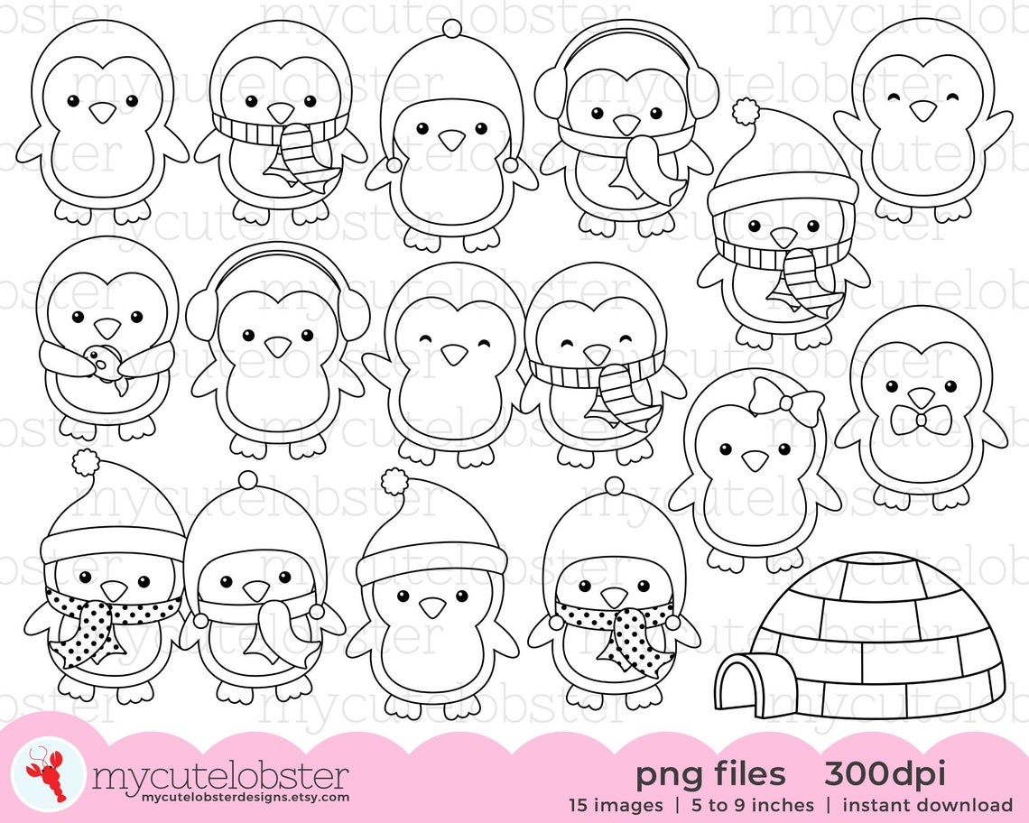 Cute Penguins Digital Stamps Penguin Outlines Line Art - Etsy