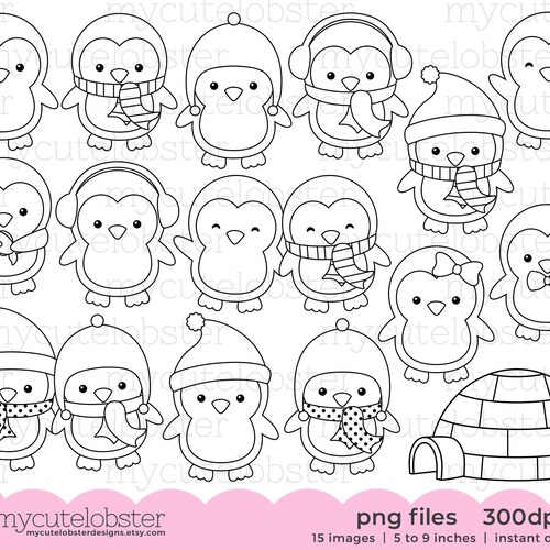 Cute Penguins Digital Stamps Penguin Outlines Line Art - Etsy
