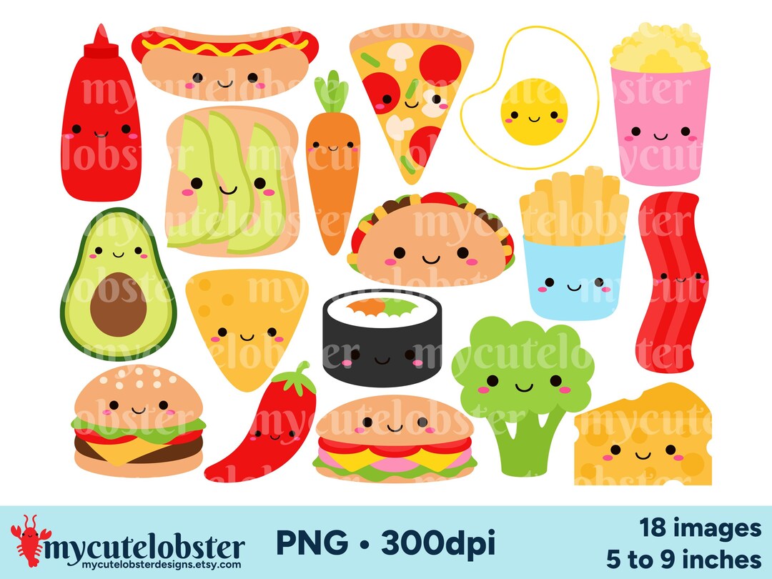 Cute Savory Food Clipart - Set of Happy Food, Avocado, Pizza, Food Clip ...