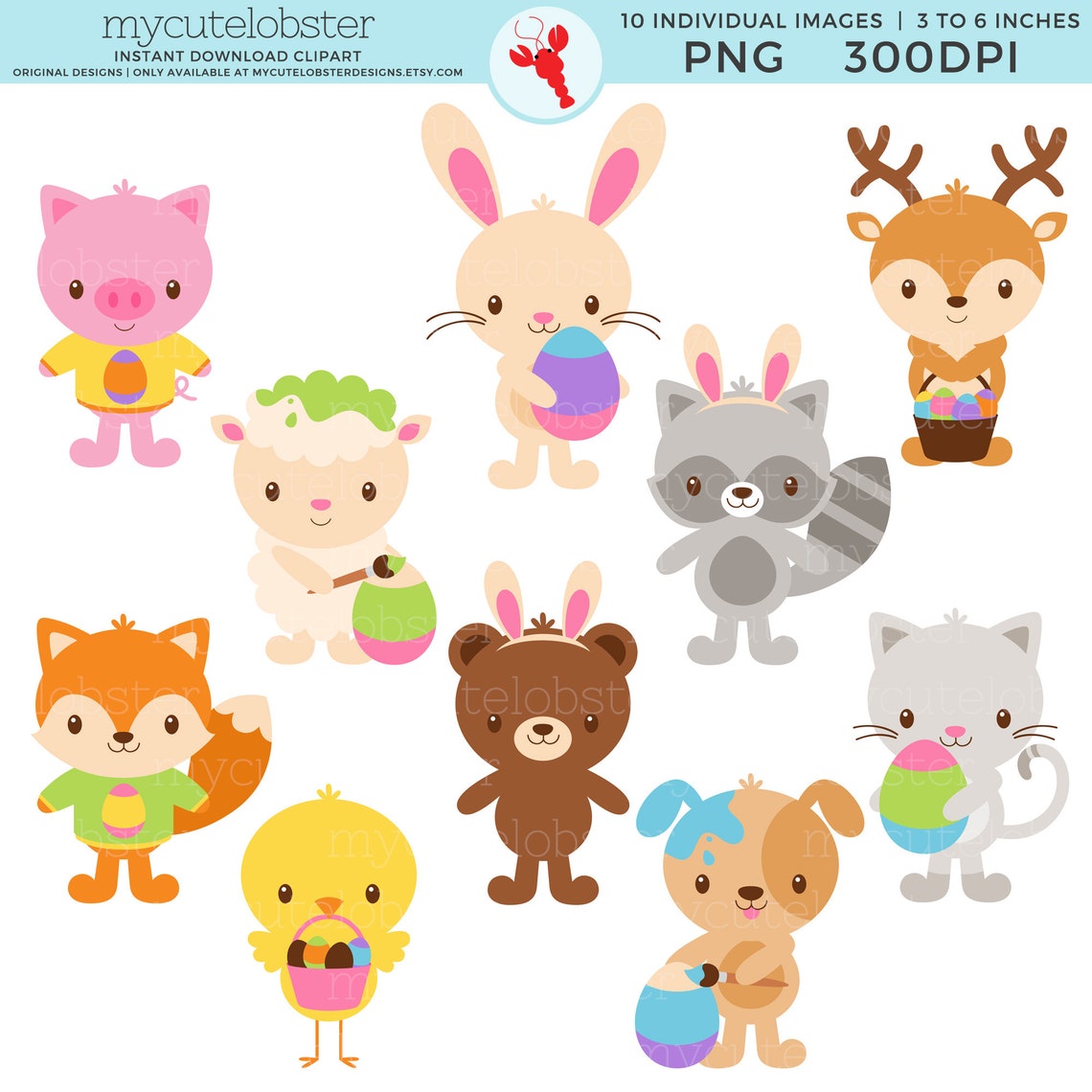 Easter Animals Clipart set of cute animals Easter eggs | Etsy