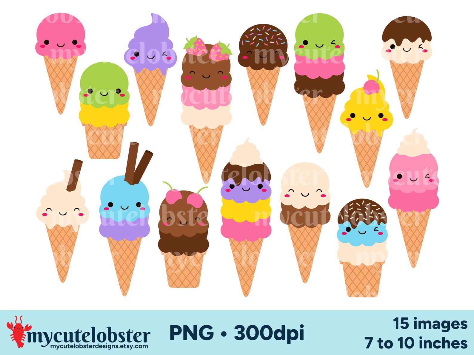 Ice Cream Cones Clipart - Set of Happy Food, Summer Desserts, PNG ...