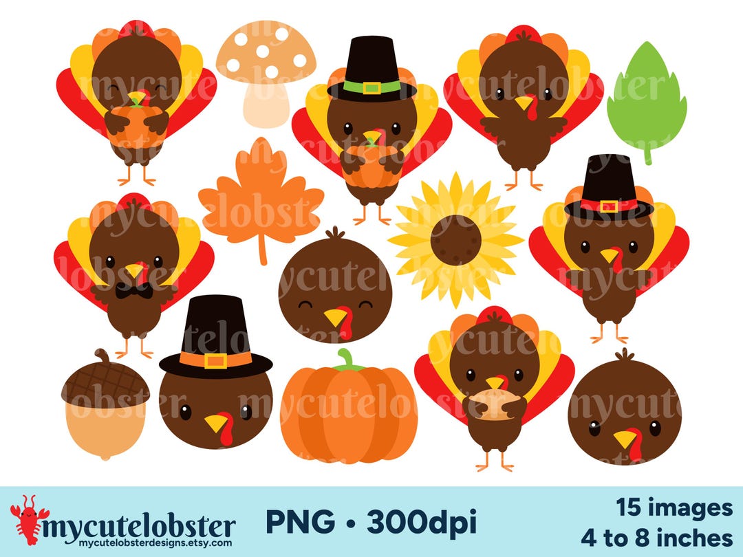 Turkeys Clipart - Thanksgiving Clip Art Set, Happy Turkey Graphics, PNG ...