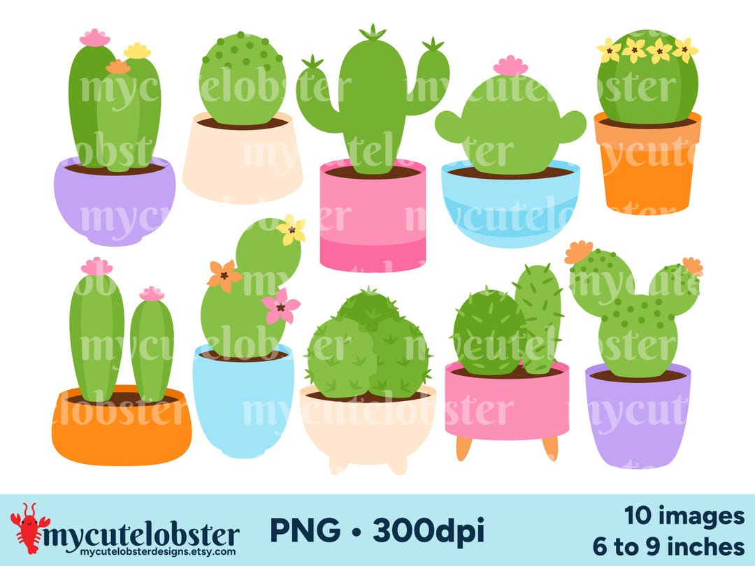 Potted Cactus Clipart - Set of Cactus, Cacti, Potted Plants ...