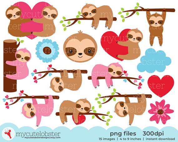 Valentine's Sloths Clipart Sloths With Hearts Pink - Etsy