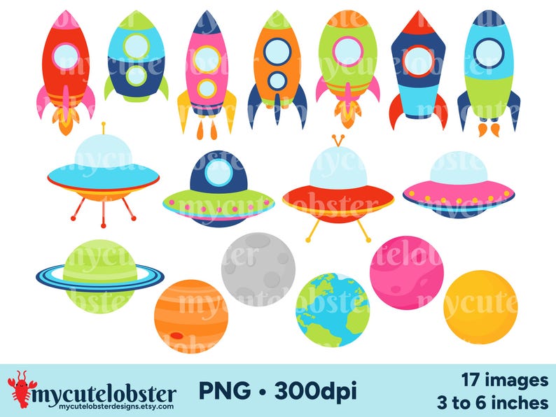 Spaceships Clipart - Set of Space Rockets, Space Clip Art Set, Planets ...