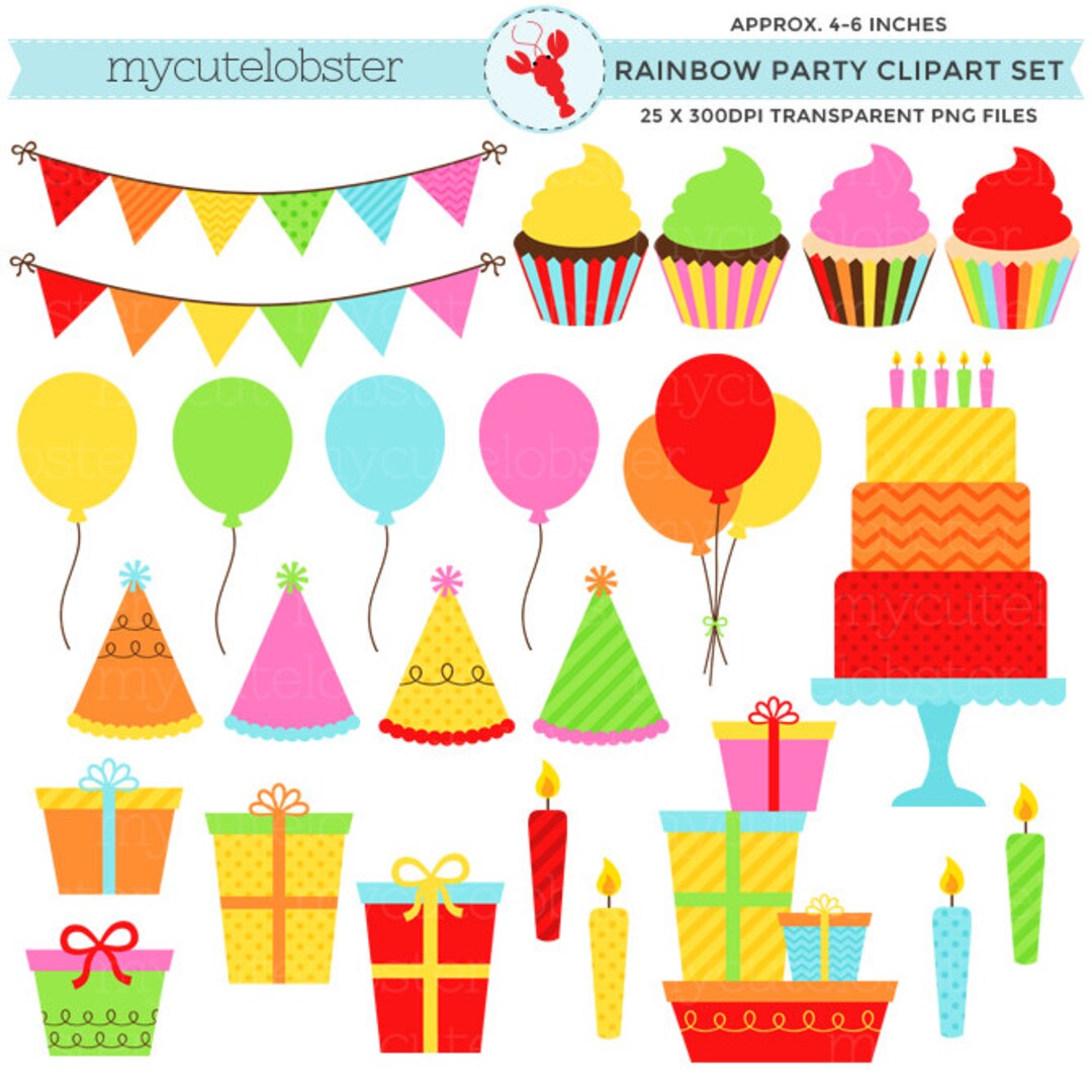 Rainbow Party Clipart Set Rainbow Birthday Clip Art Set, Presents ...