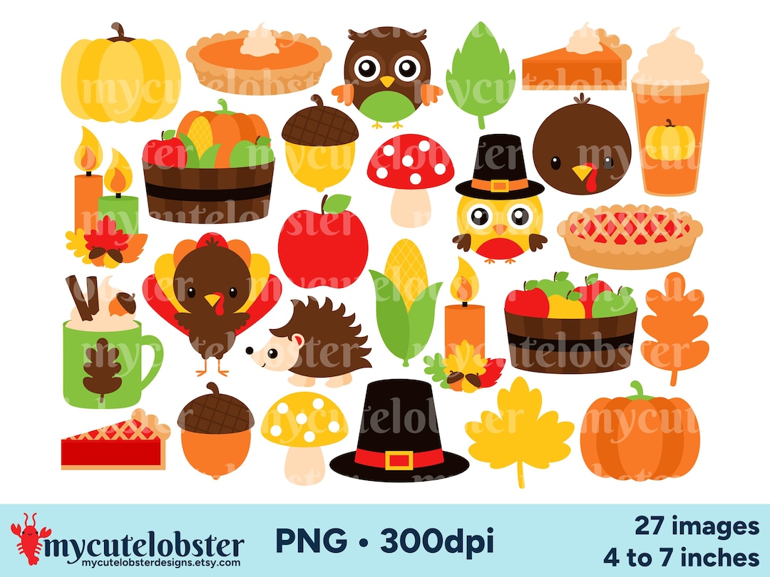 Happy Thanksgiving Clipart - Cute Fall Clipart Set, Turkeys, Pumpkins ...