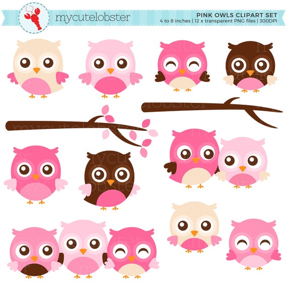 Pink Owls Clipart Set owls and branches cute owls girl | Etsy