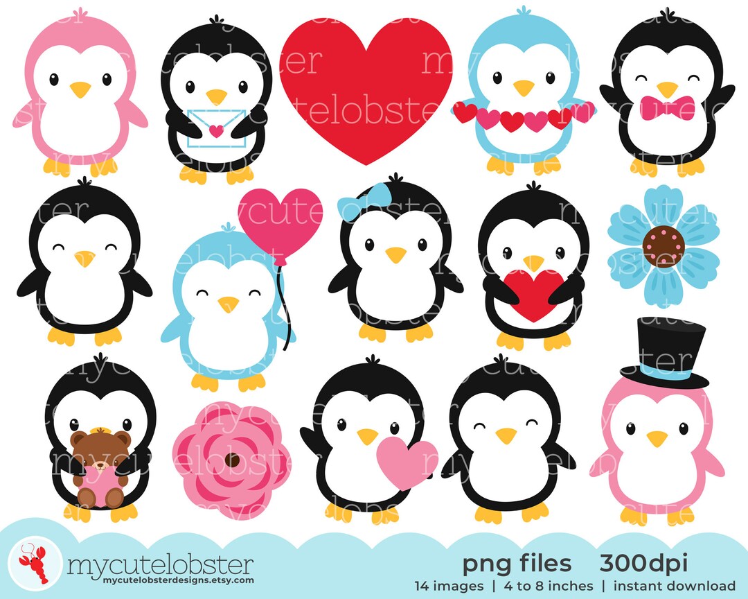 Valentine's Penguins Clipart Set of Cute Penguins, Hearts, Valentine's ...