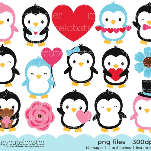 Valentine's Penguins Clipart Set of Cute Penguins - Etsy