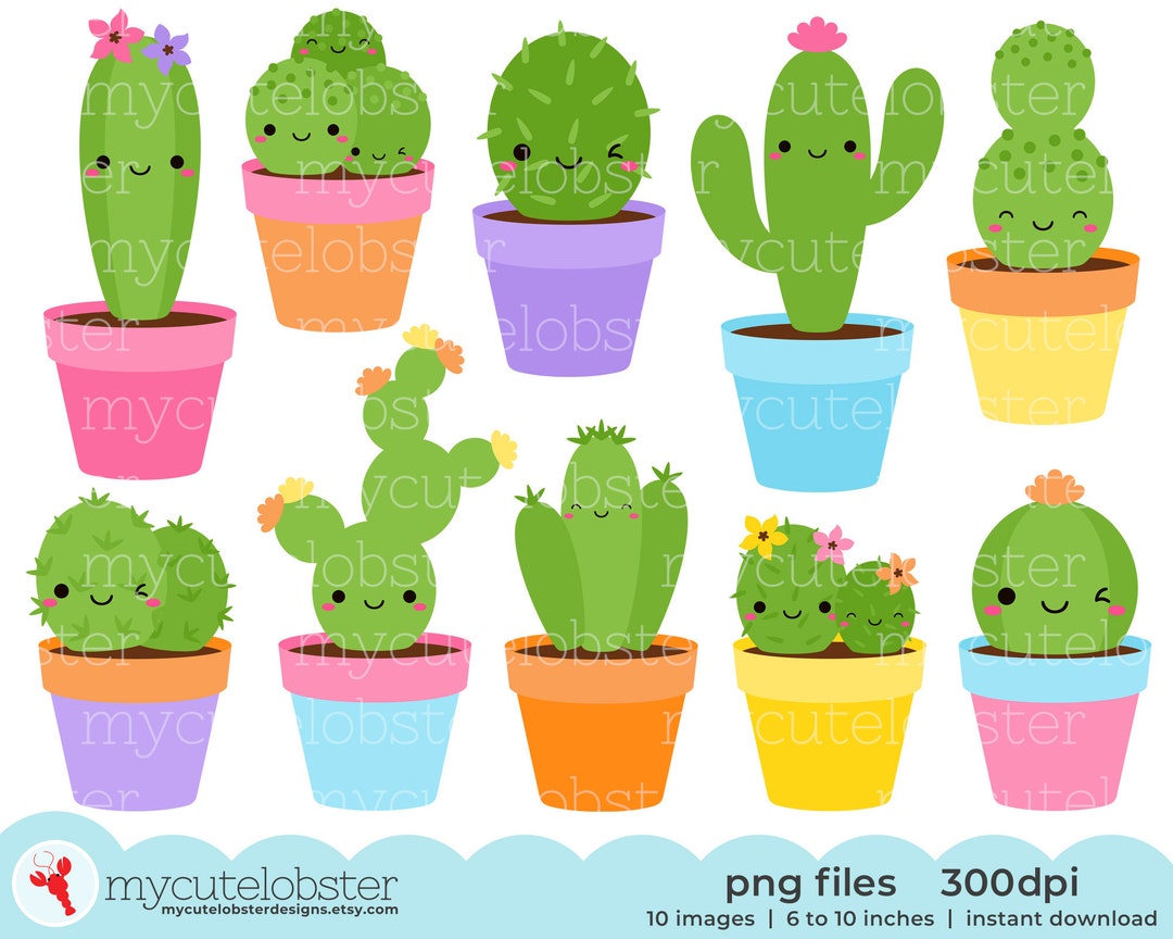 Cute Cactus Clipart Happy Cactus Clip Art Set, Cacti, Cactuses, Cute ...