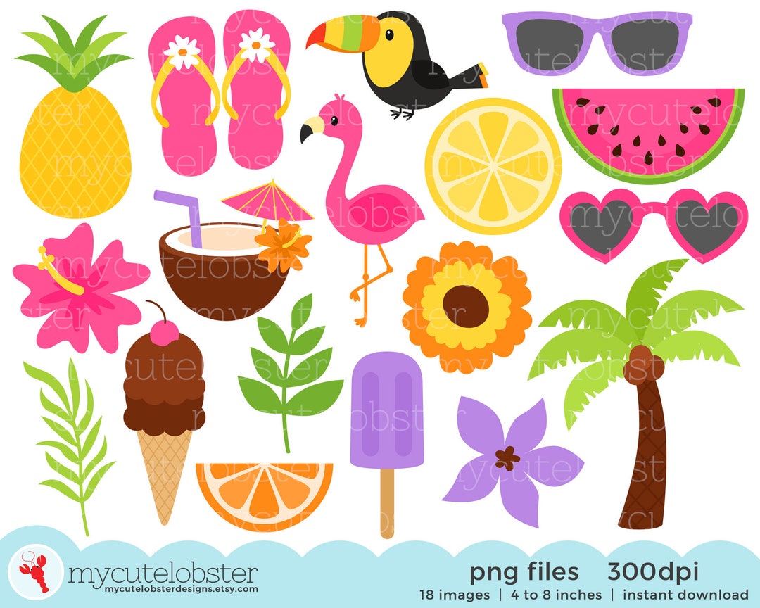 Tropical Fun Clipart Set Flamingo Clip Art, Pineapple, Coconut, Summer ...