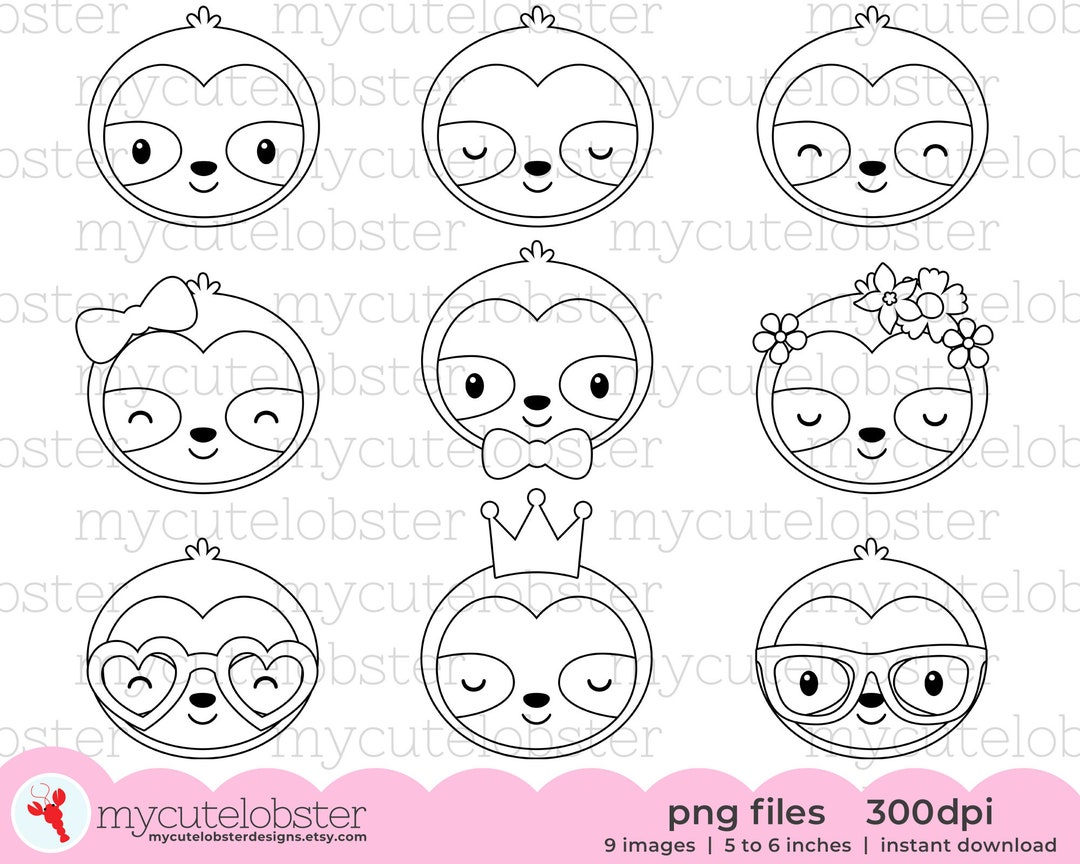 Sloth Faces Digital Stamps Cute Sloth Outlines, Happy Sloths Line Art ...