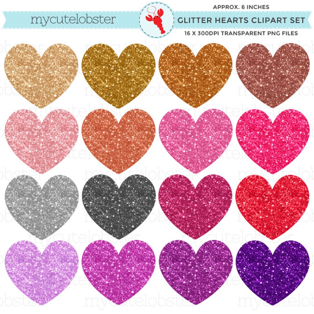 Glitter Hearts Clipart Set - Clip Art Set of Hearts, Glittery Hearts ...