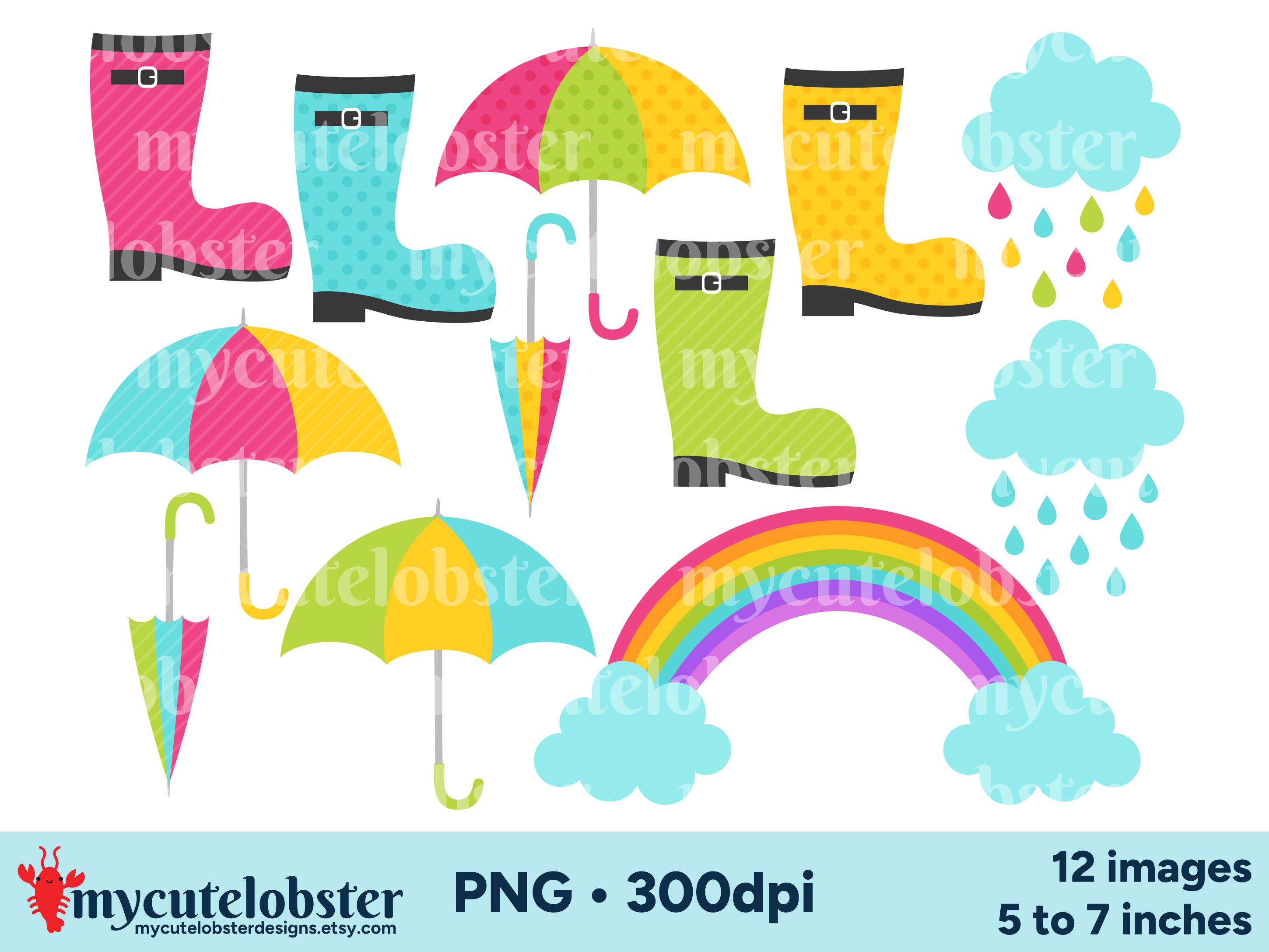 Rainy Day Clipart - Spring Clipart Set, Wellington Boots, Rainbow Clip ...