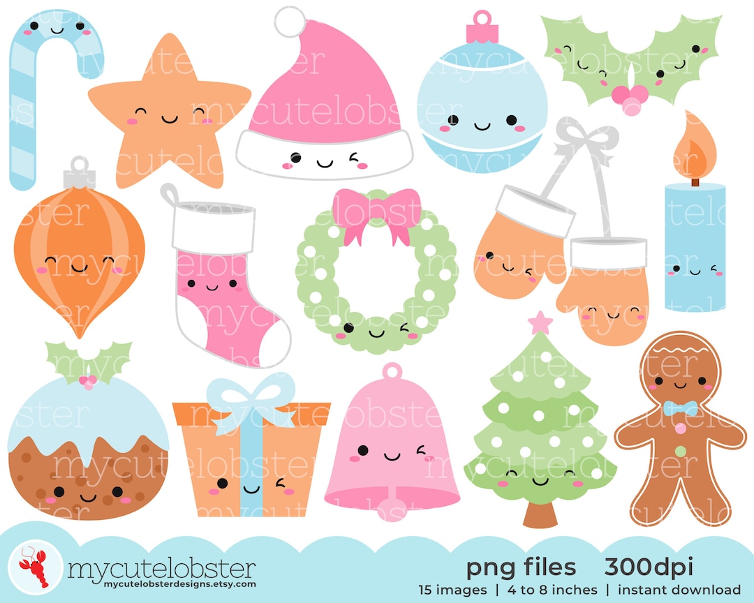 Pastel Cute Christmas Clipart Cute Christmas Clip Art Set, Holly ...