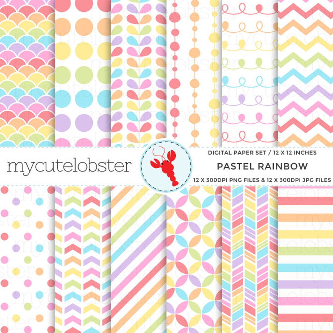 Pastel Rainbow Digital Paper, Set of Patterned Printable Paper, Rainbow ...