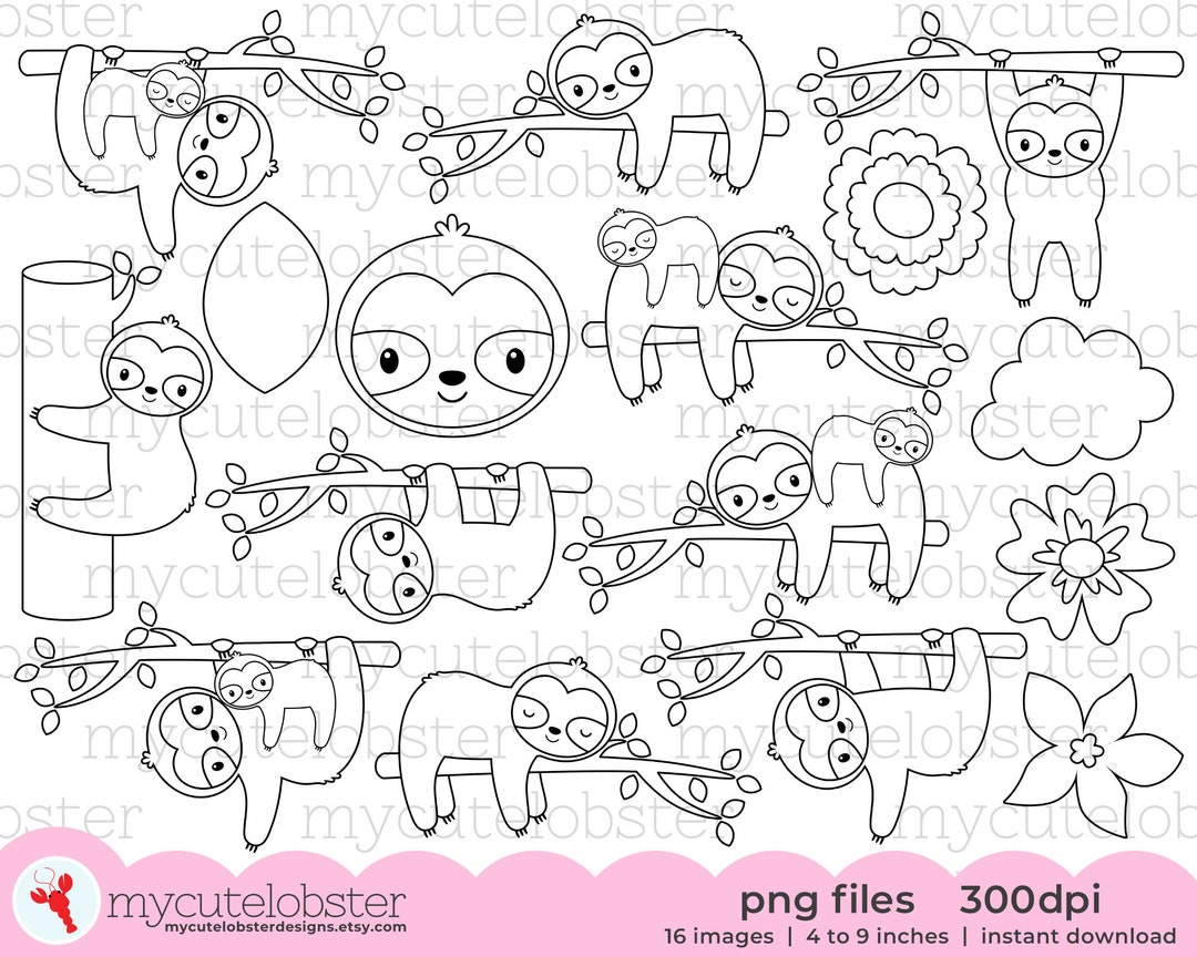 Sloth Digital Stamps Cute Sloths Digital Stamp Set, Sleepy Sloths, Baby ...