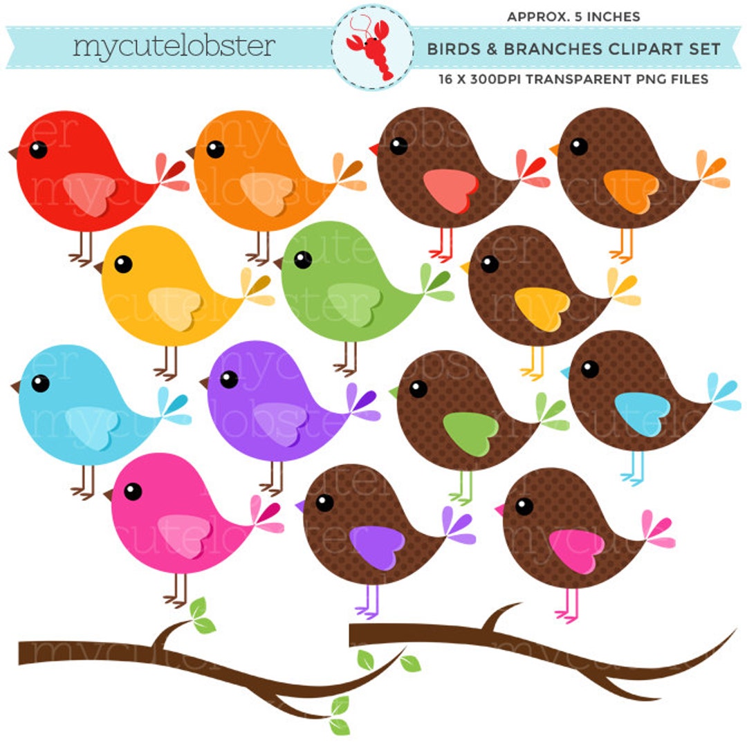 Birds Clipart Set Clip Art Set of Rainbow Birds, Branches, Birds and ...