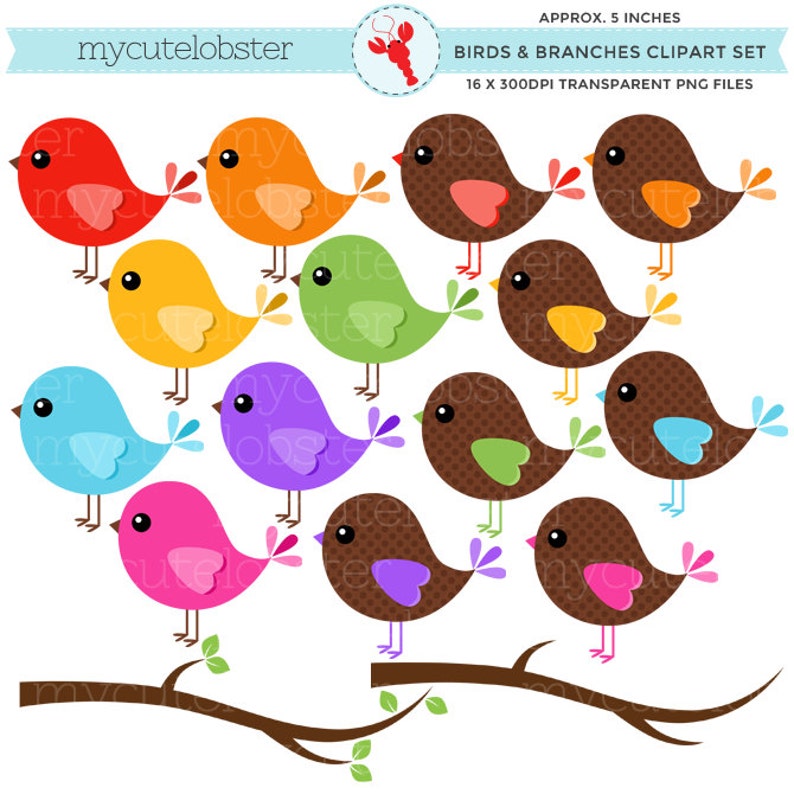 Birds Clipart Set Clip Art Set Of Rainbow Birds Branches Etsy